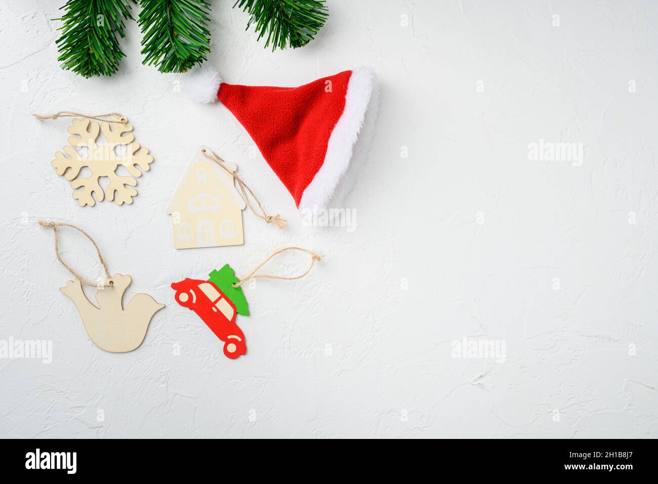 Vintage Christmas decorations set, wooden toys, top view flat lay, on ...