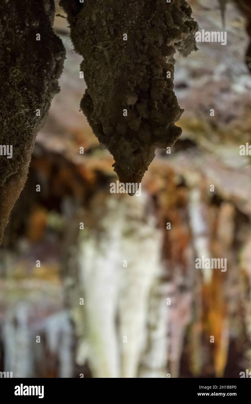 Formation of stalactites and stalagmites inside an ancient cave Stock ...
