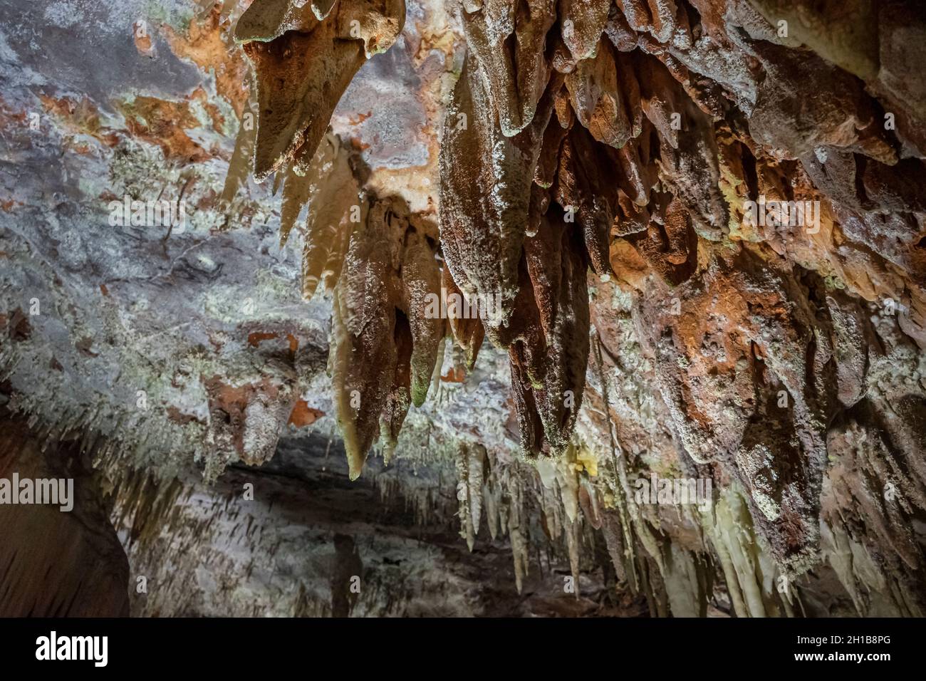 Formation of stalactites and stalagmites inside an ancient cave Stock ...