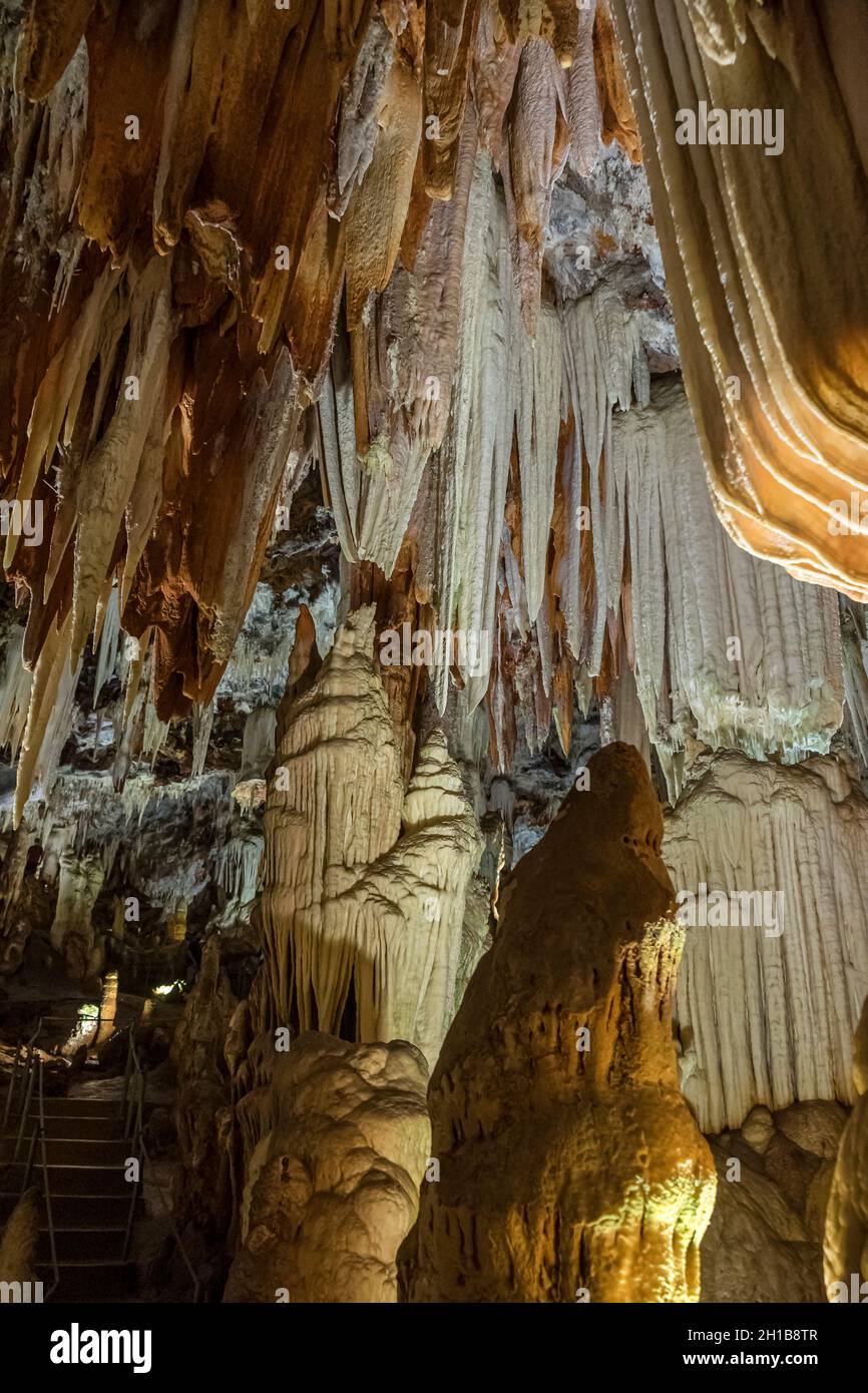 Formation of stalactites and stalagmites inside an ancient cave Stock ...