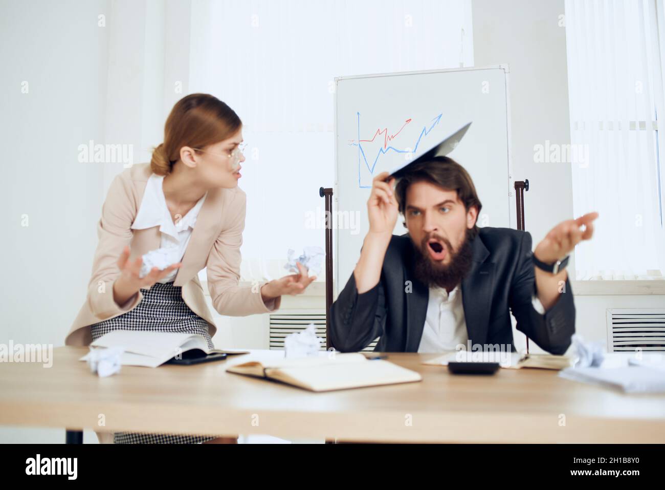 business men and women at work desk office communication emotions Stock ...