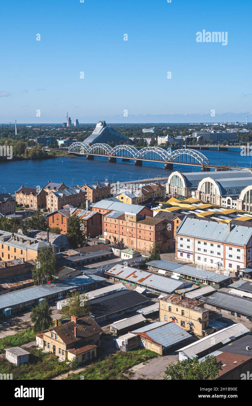 Riga panorama with Daugava river, bridge, Central Market and National ...
