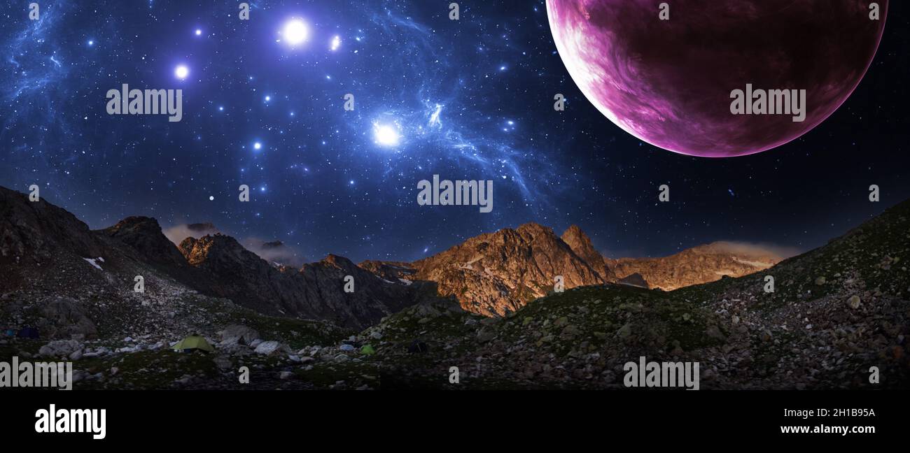 Mountain landscape fantastic cosmos galaxies stars planets and nebulae ...