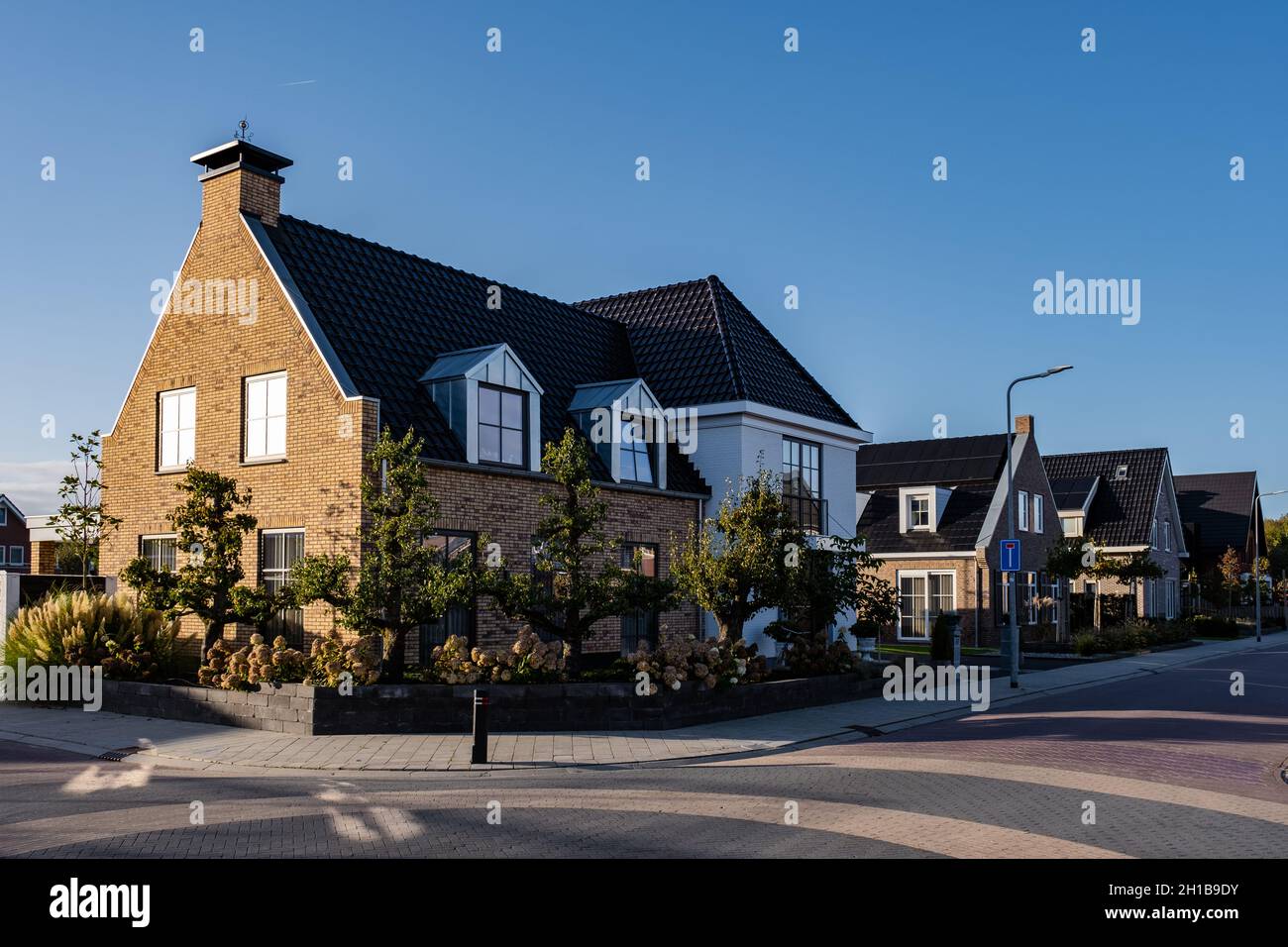 Dutch Suburban area with modern family houses, newly build modern ...
