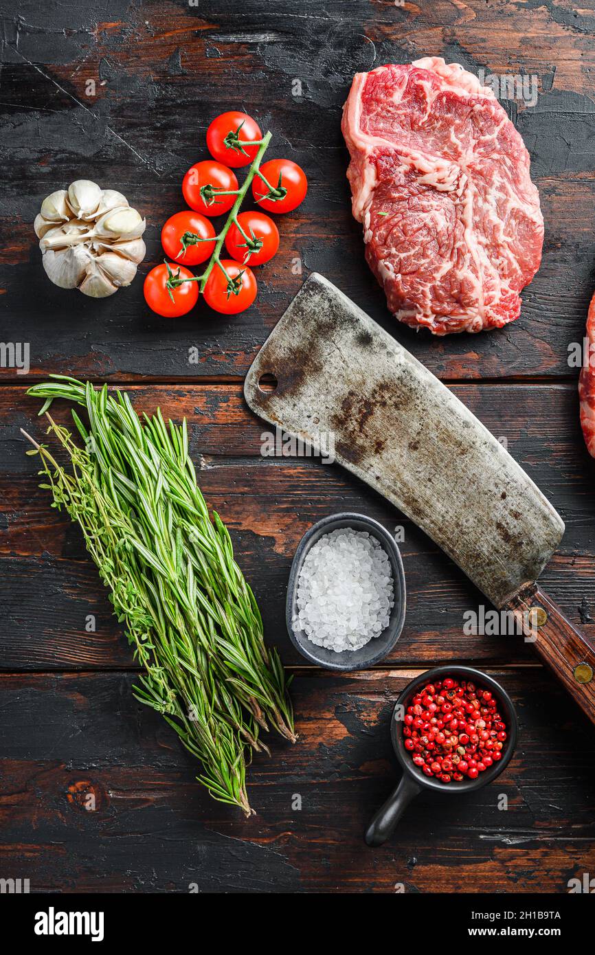 Top blade organic meat cut, raw marbled beef steak, with old butcher ...