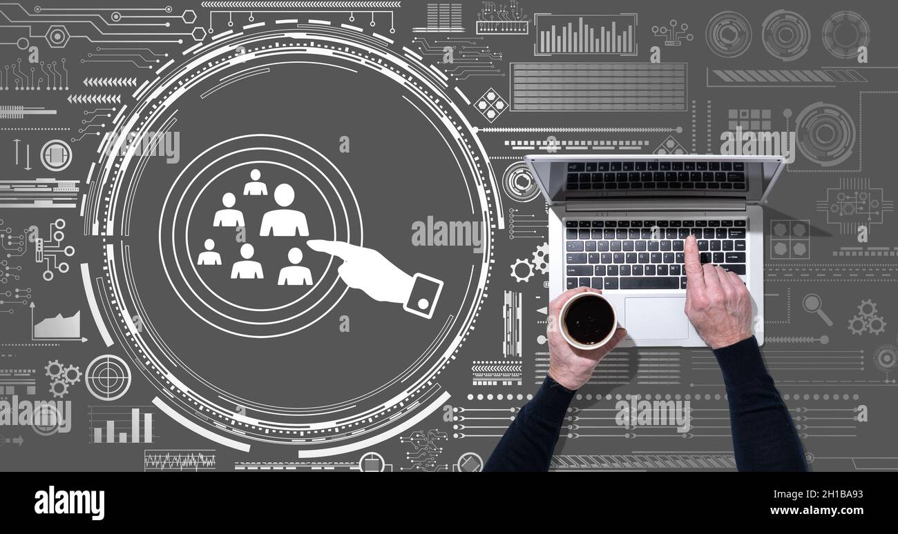 Top view of hands using laptop with symbol of prospects concept Stock ...