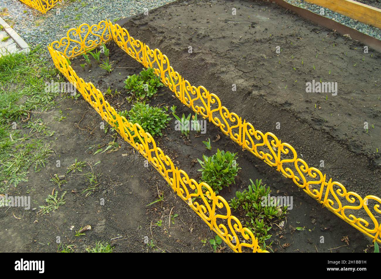 Yellow plastic fence around a flower bed. Garden decoration in early ...