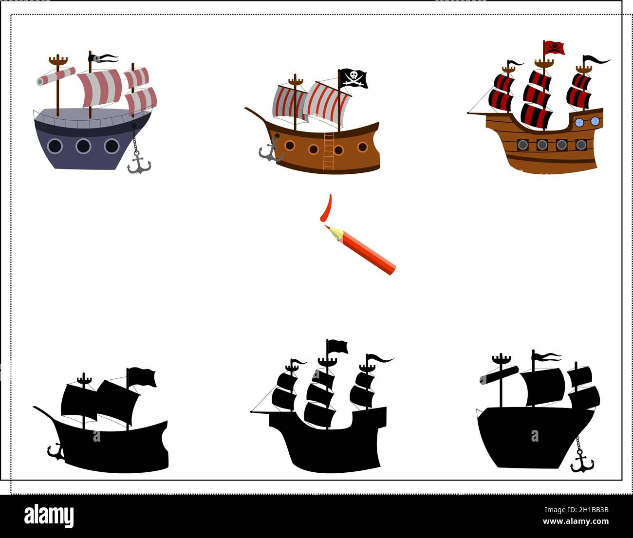 A game for kids find the right shadow, pirate ship. vector isolated on ...