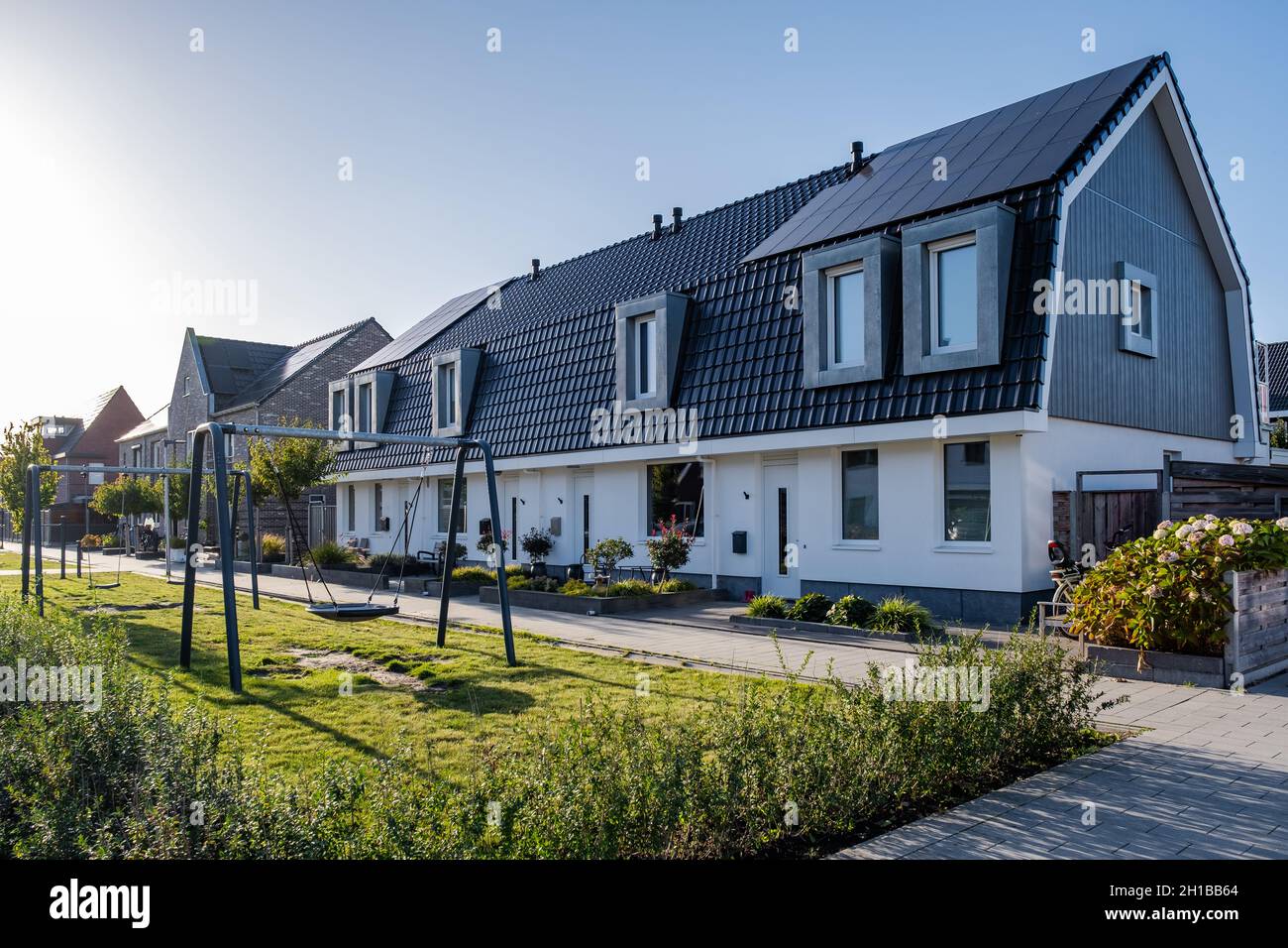 Dutch Suburban area with modern family houses, newly build modern ...