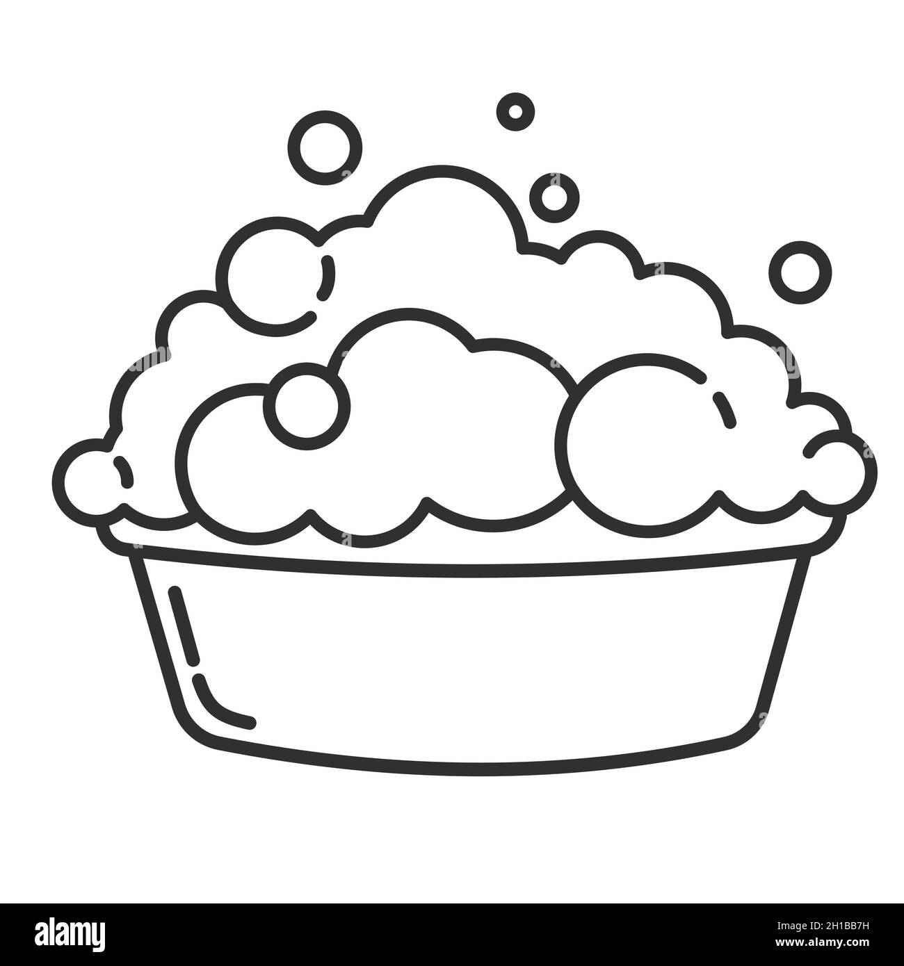 A basin with a soapy solution for washing clothes. Vector outline ...