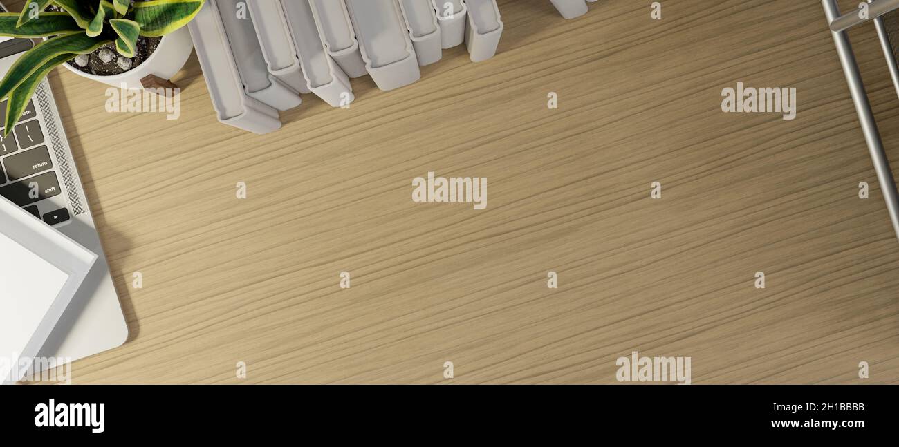 Top view, Light wooden tabletop workspace with empty space for montage ...