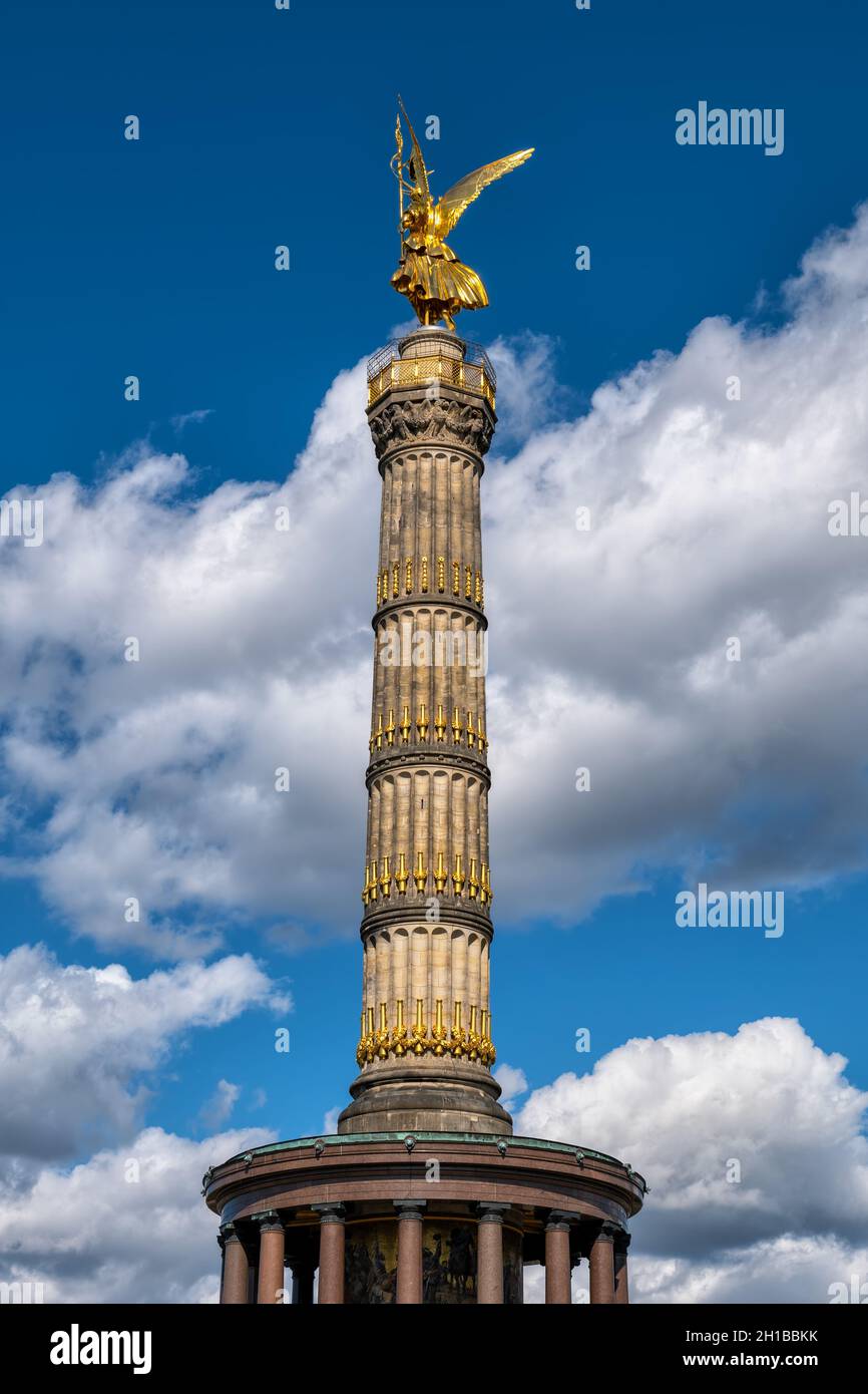 Victory Column in city of Berlin, Germany. Gilded statue of Victoria ...