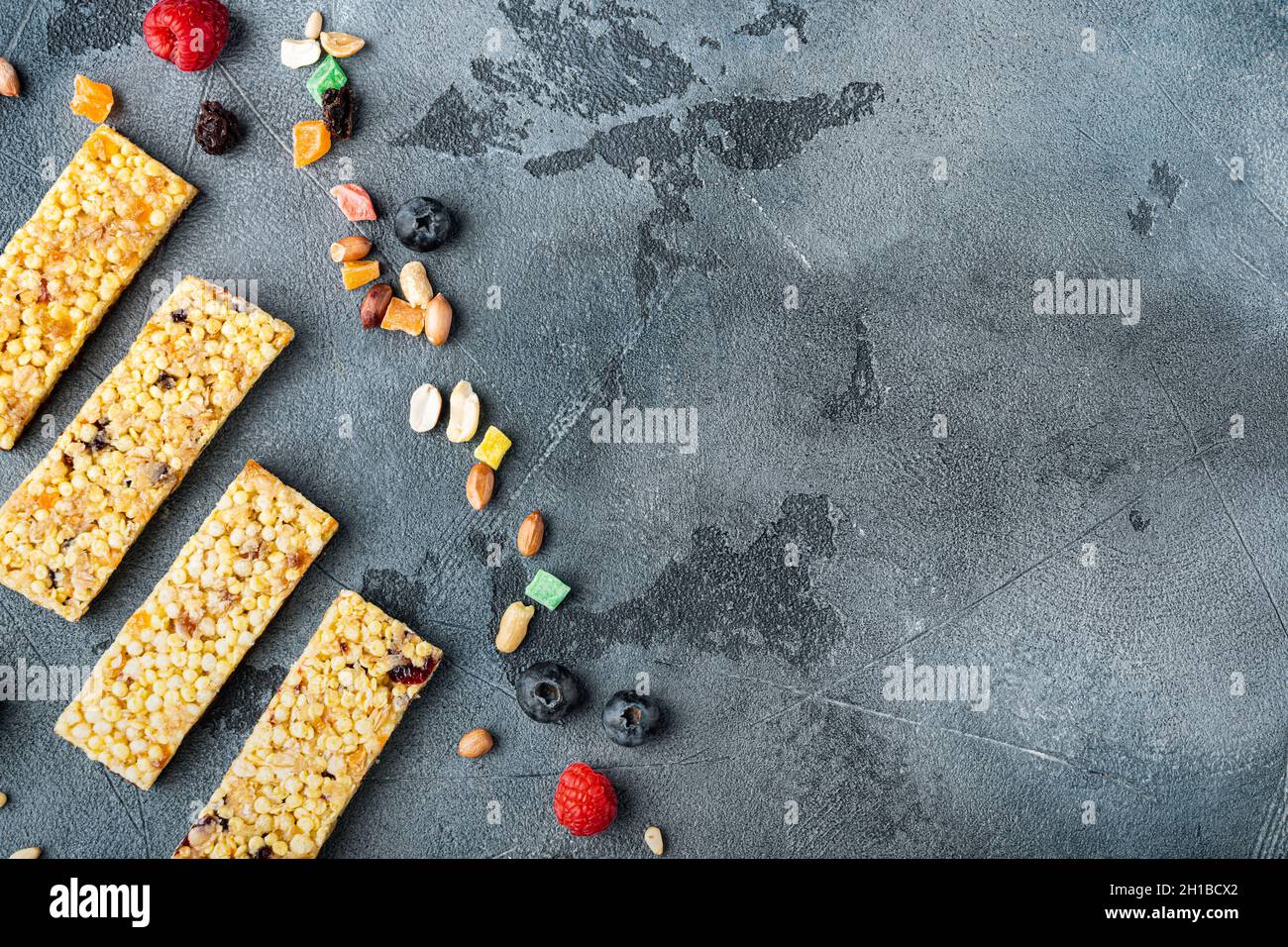 Fruit berry, nut energy bars. Healthy snack, top view with copy space ...