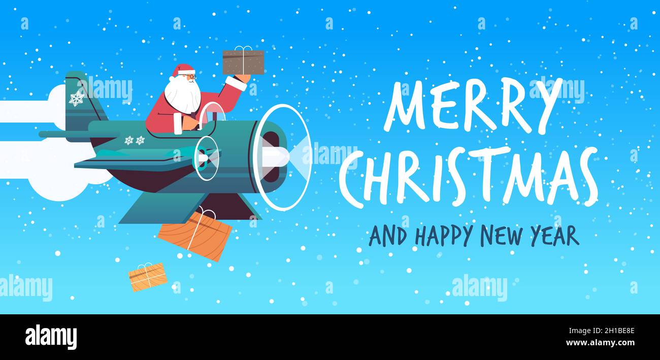 santa claus flying airplane with gifts merry christmas happy new year ...