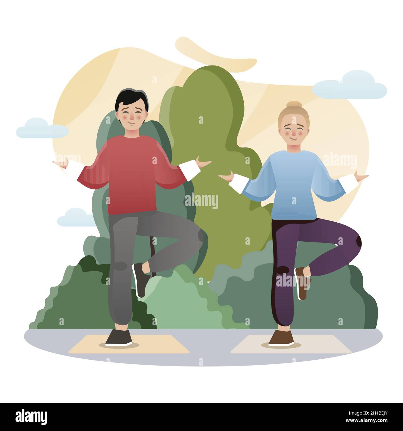 Park Yoga. Isolated flat style colored illustration. School lessons. do ...