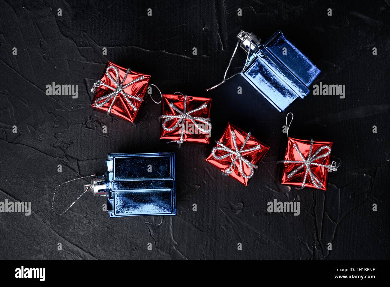 Vintage Christmas decorations set, top view flat lay, on black dark ...