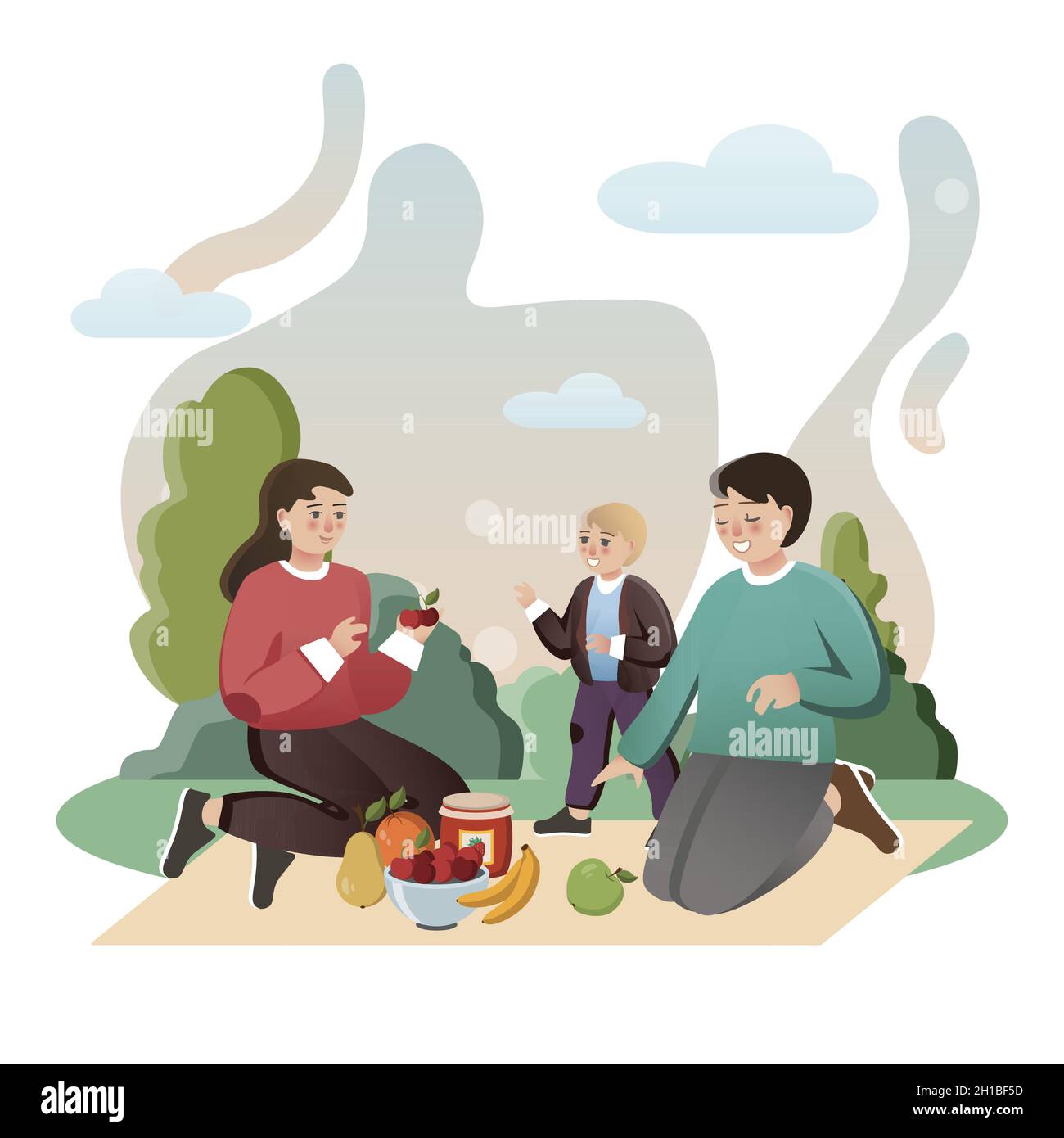 Family Picnic. Isolated flat style colored illustration. School lessons ...