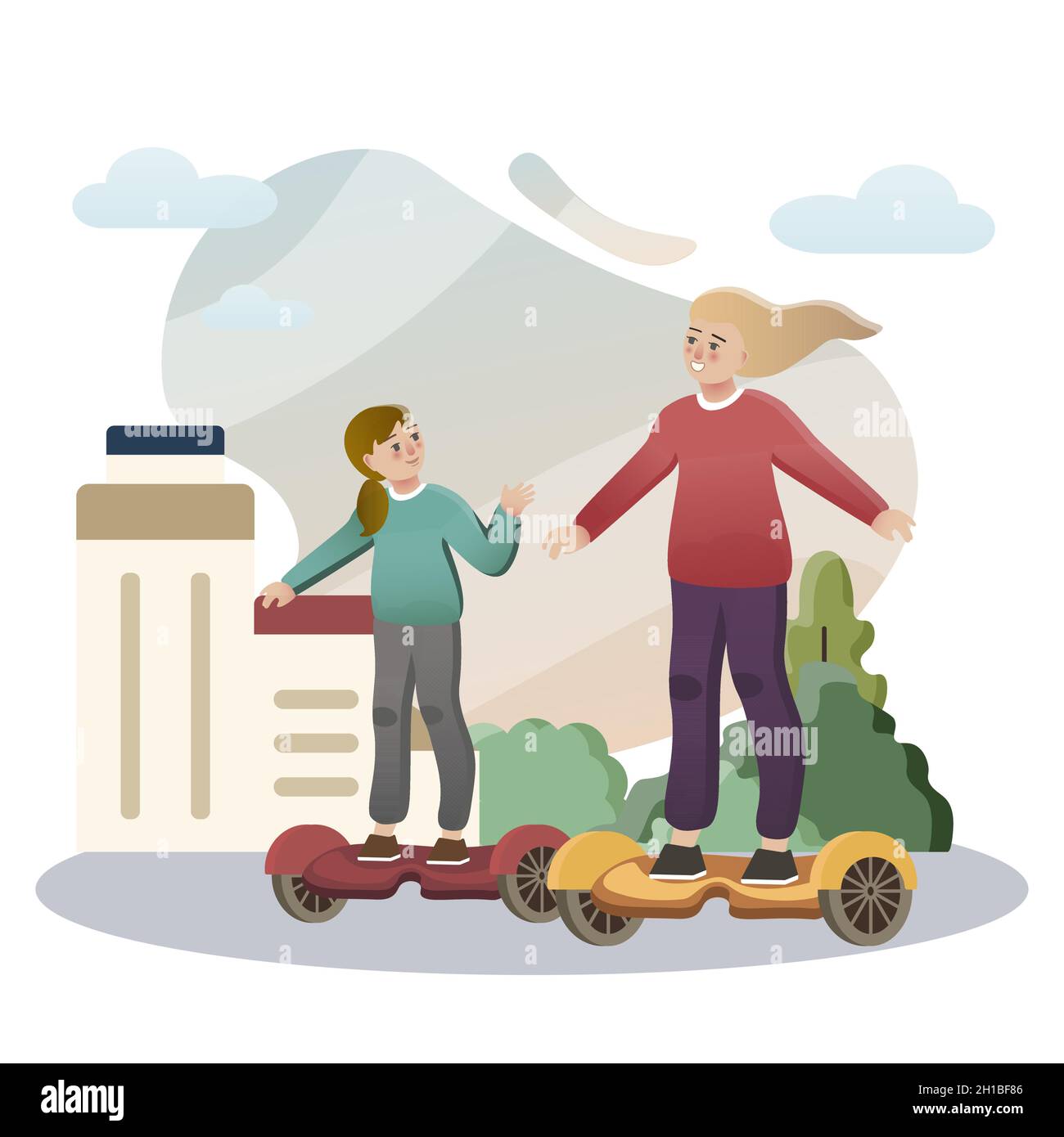 Hoverboard riding. Isolated flat style colored illustration. School ...