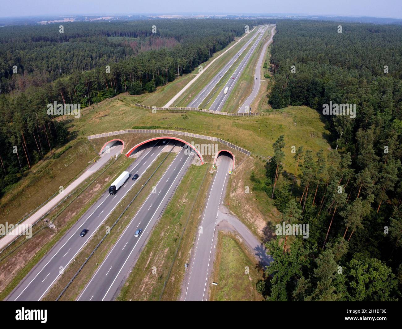 Motorway and eco crossover for fauna. Ecoduct crossing. Aerial. Ecoduct ...