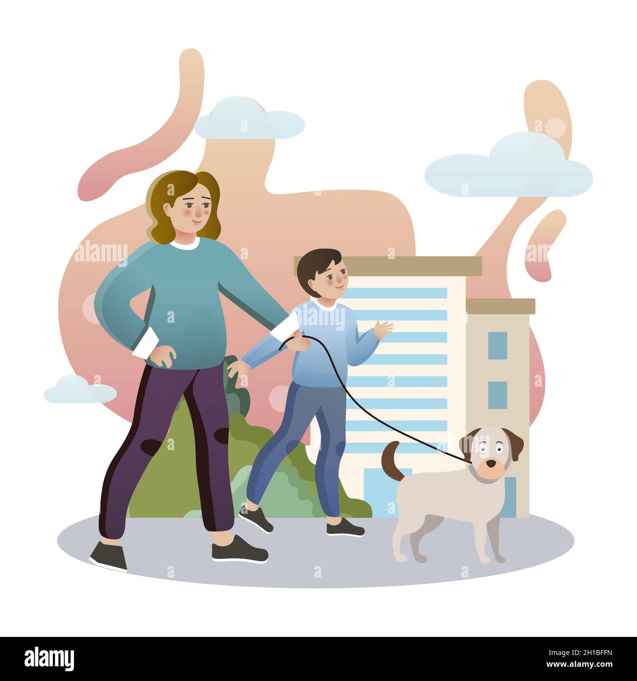 Walk With Dog. Isolated flat style colored illustration. School lessons ...