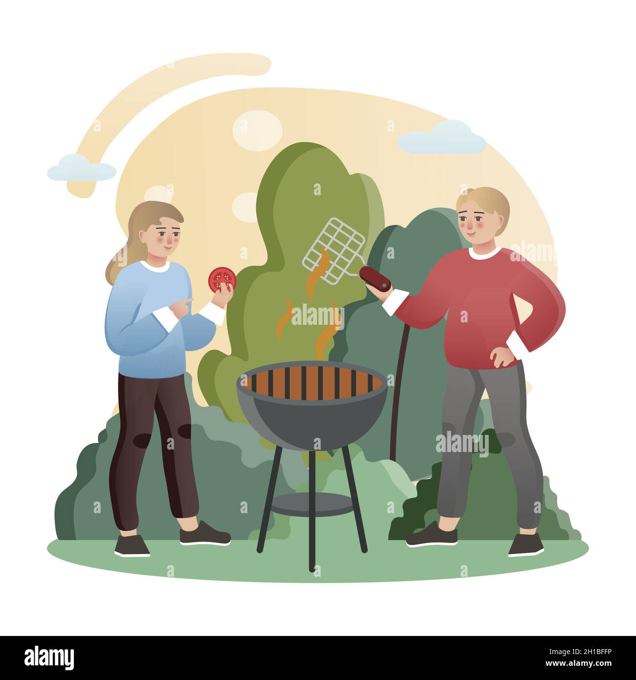 Family Barbecue. Isolated flat style colored illustration. School ...