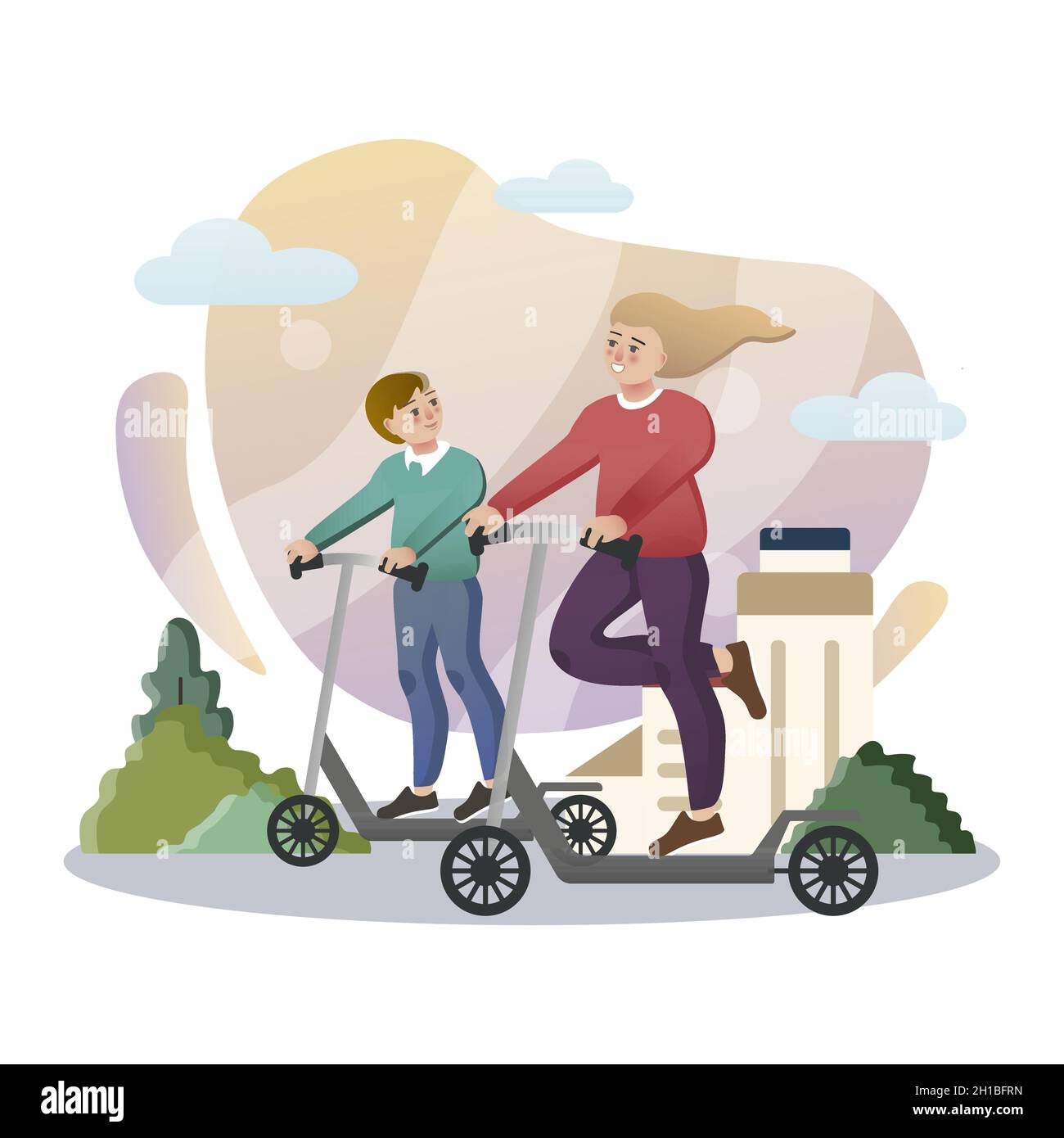 Scooter Riding. Isolated flat style colored illustration. School ...