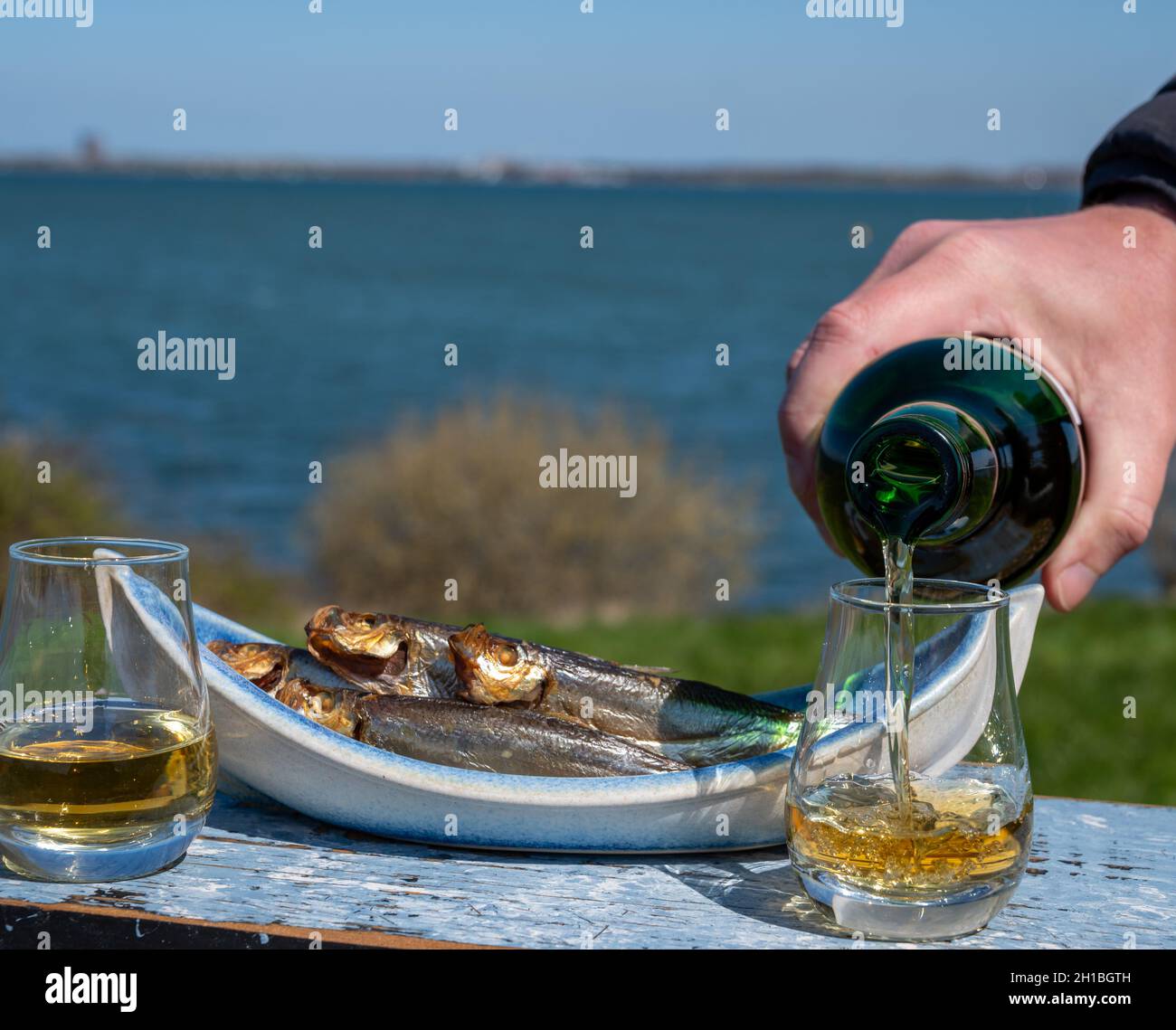 Smoked sprattus or sprats sea fish served outdoor with view on blue sea ...