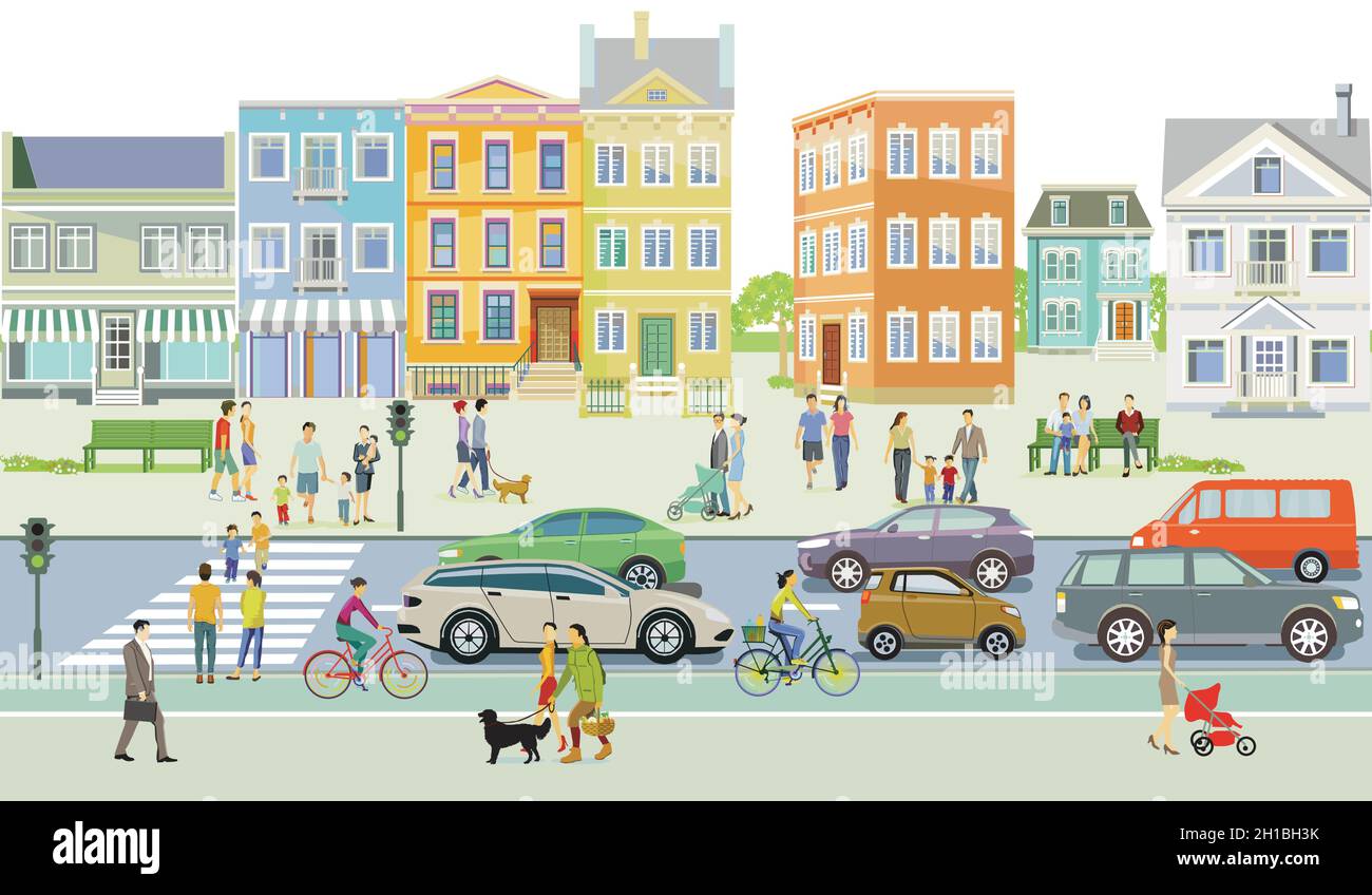 Suburb with pedestrians and road traffic, illustration Stock Vector ...