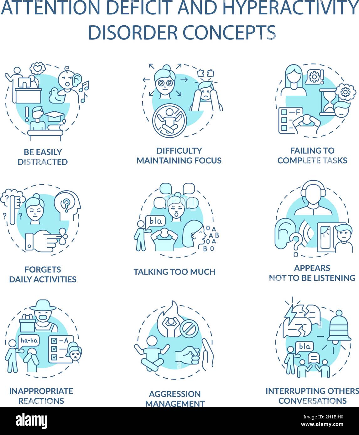 Attention deficit and hyperactivity disorder concept icons set Stock ...