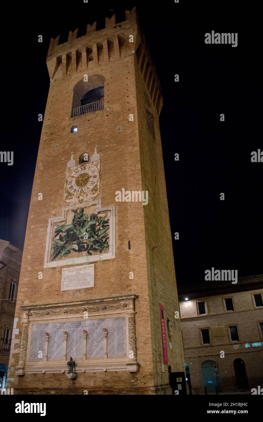 Europe, Italy, Marche, Recanati, Giacomo Leopardi square, civic tower ...