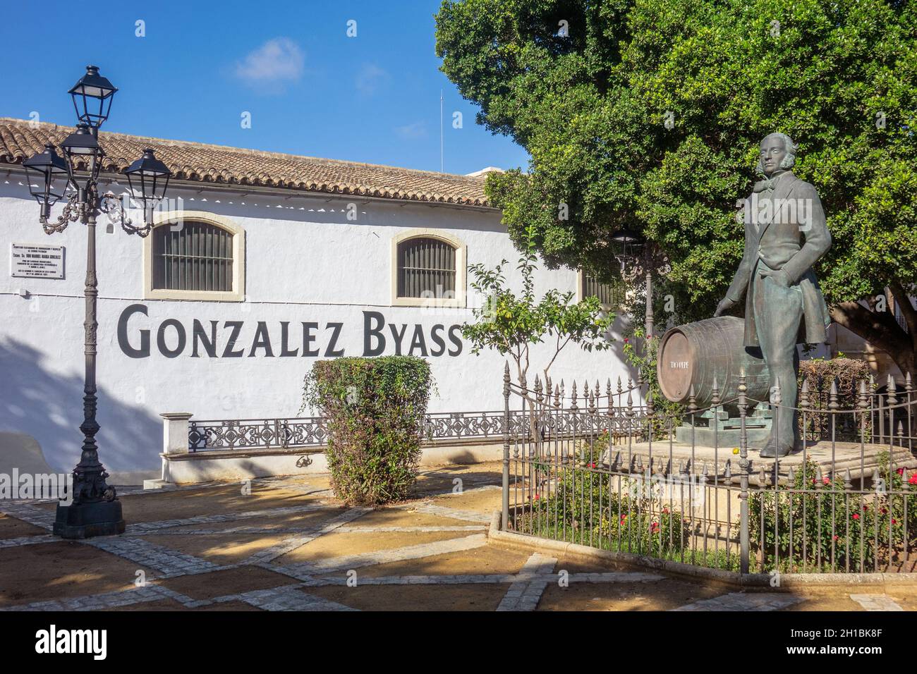 Spain, Andalusia, Jerez, Gonzalez Byass winery & Tio Pepe statue Stock ...