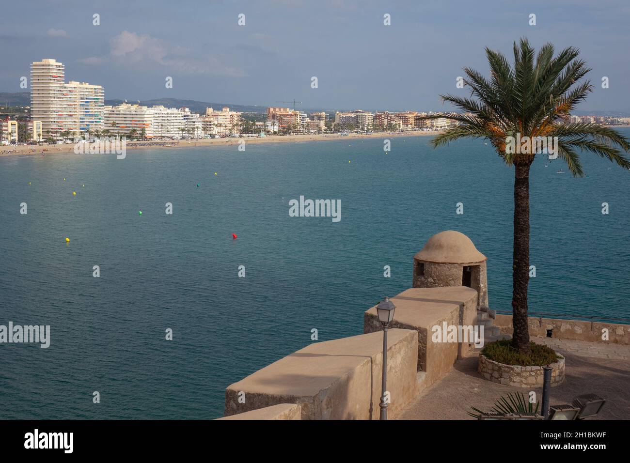 Spain, Castellon, Peniscola, Town & beaches view from castle Stock ...