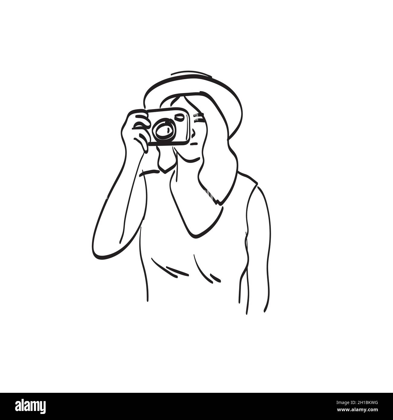 half length smiling woman taking photo holding camera illustration ...