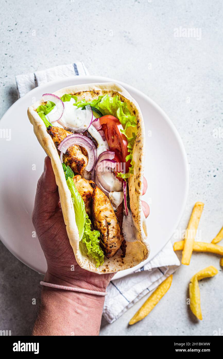 Hand holds chicken gyros with vegetables, french fries and tzatziki ...
