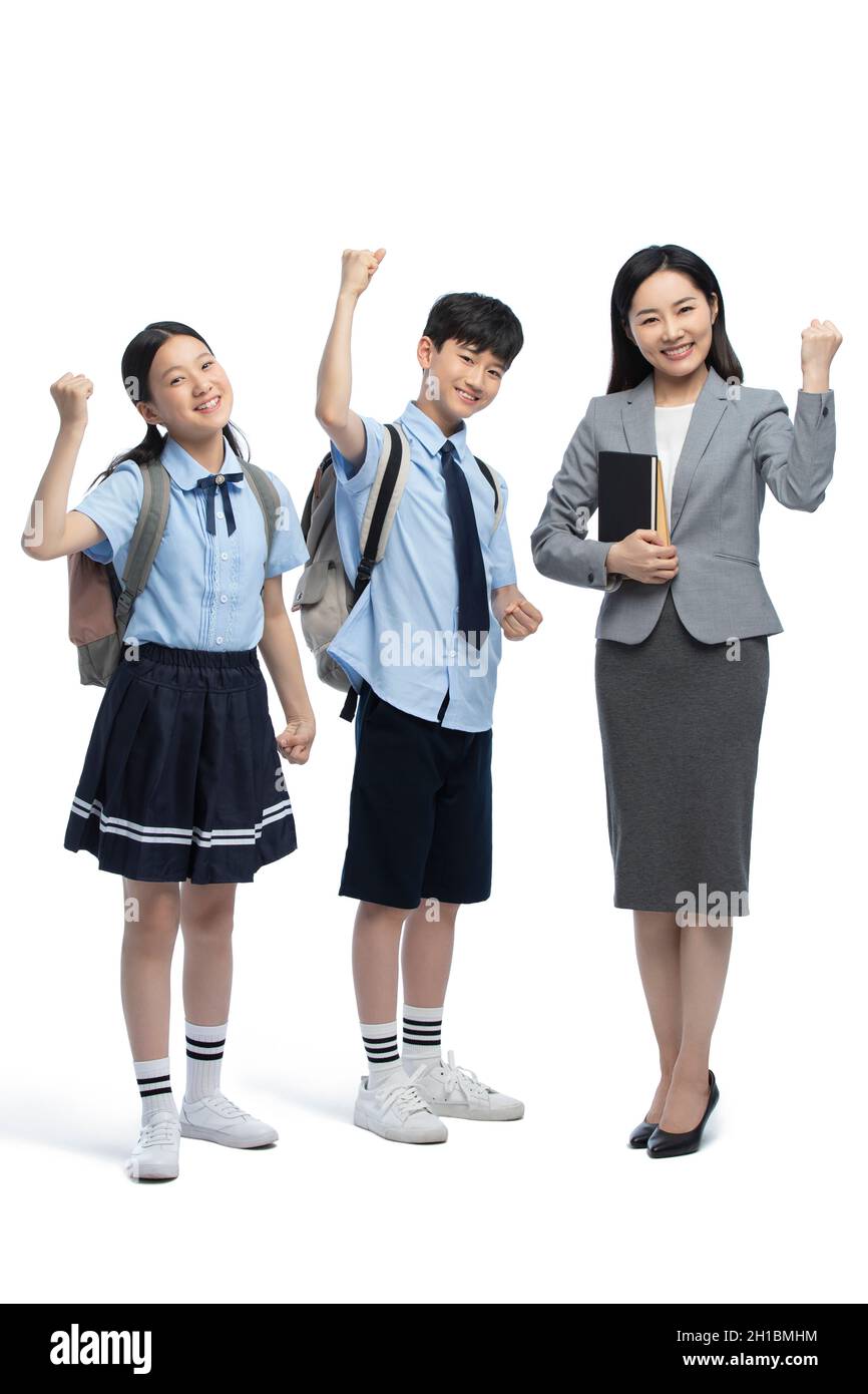 Cheerful teacher and students cheering Stock Photo - Alamy