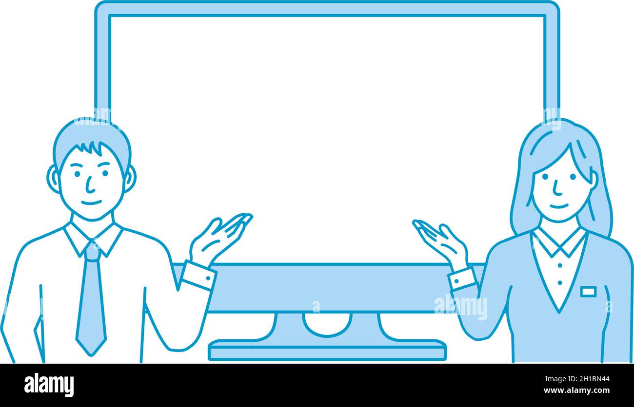 Business man and woman showing PC monitor. vector illustration Stock ...
