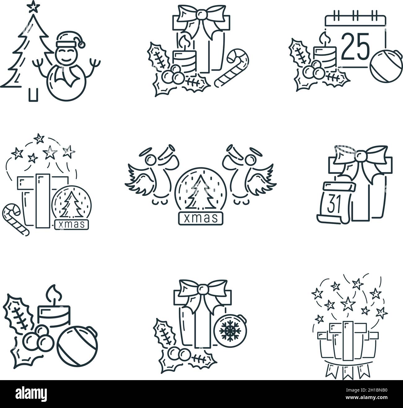 Concept happy new year and merry christmas outline icon, xmas label ...