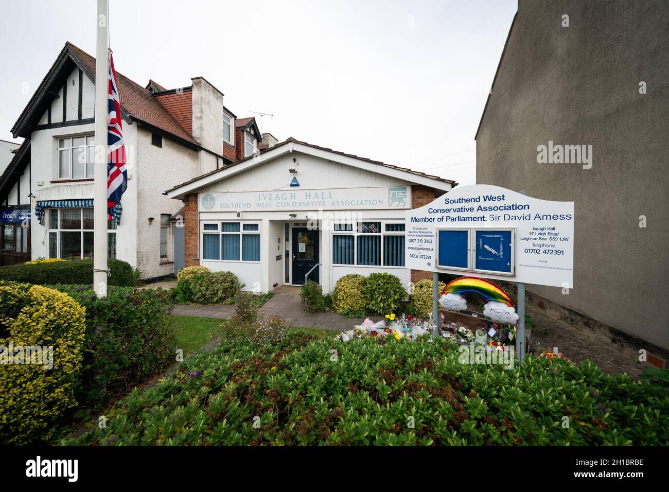 Floral tributes for Sir David Amess outside the Iveagh Hall, the home ...