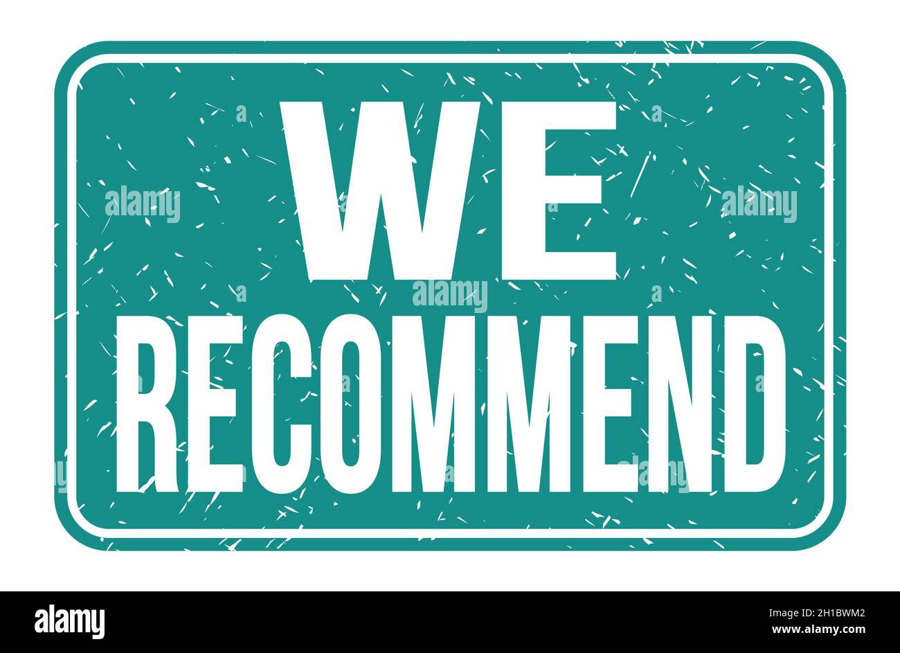 WE RECOMMEND, words written on blue rectangle stamp sign Stock Photo ...