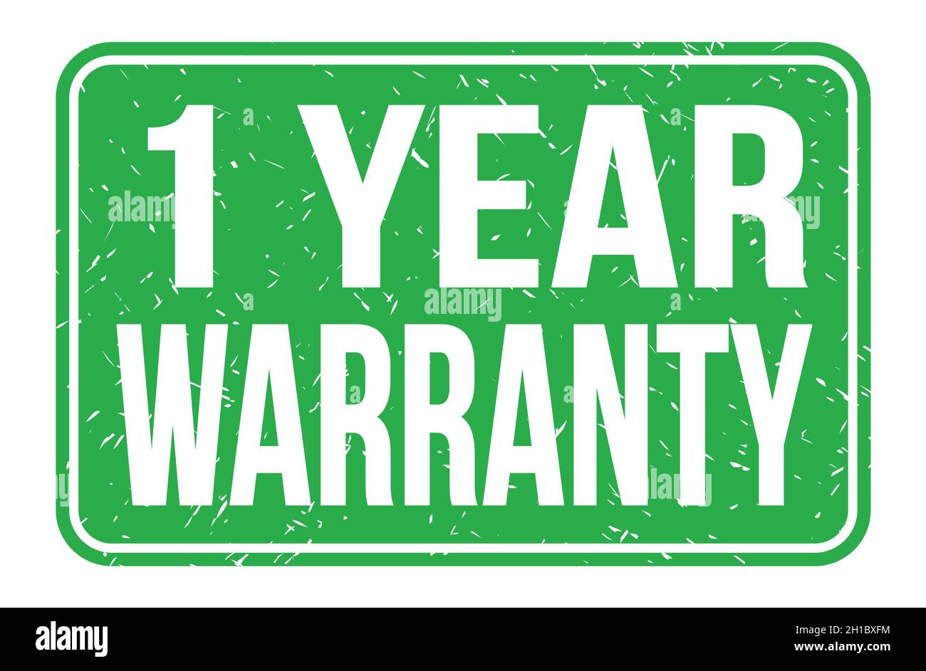 1 YEAR WARRANTY, words written on green rectangle stamp sign Stock ...