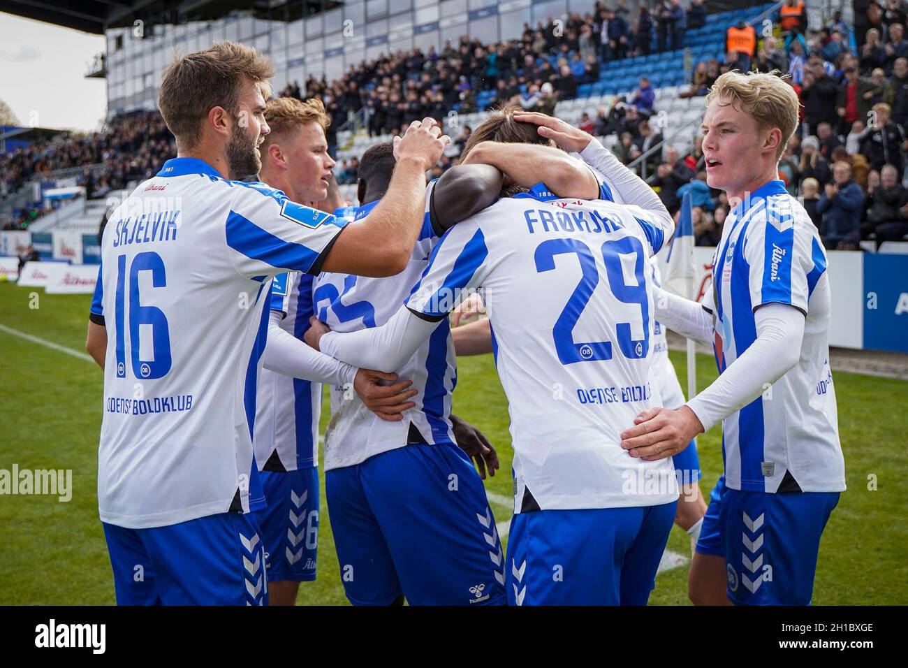 Odense, Denmark. 17th Oct, 2021. Mads Frokjaer-Jensen (29) of OB scores ...