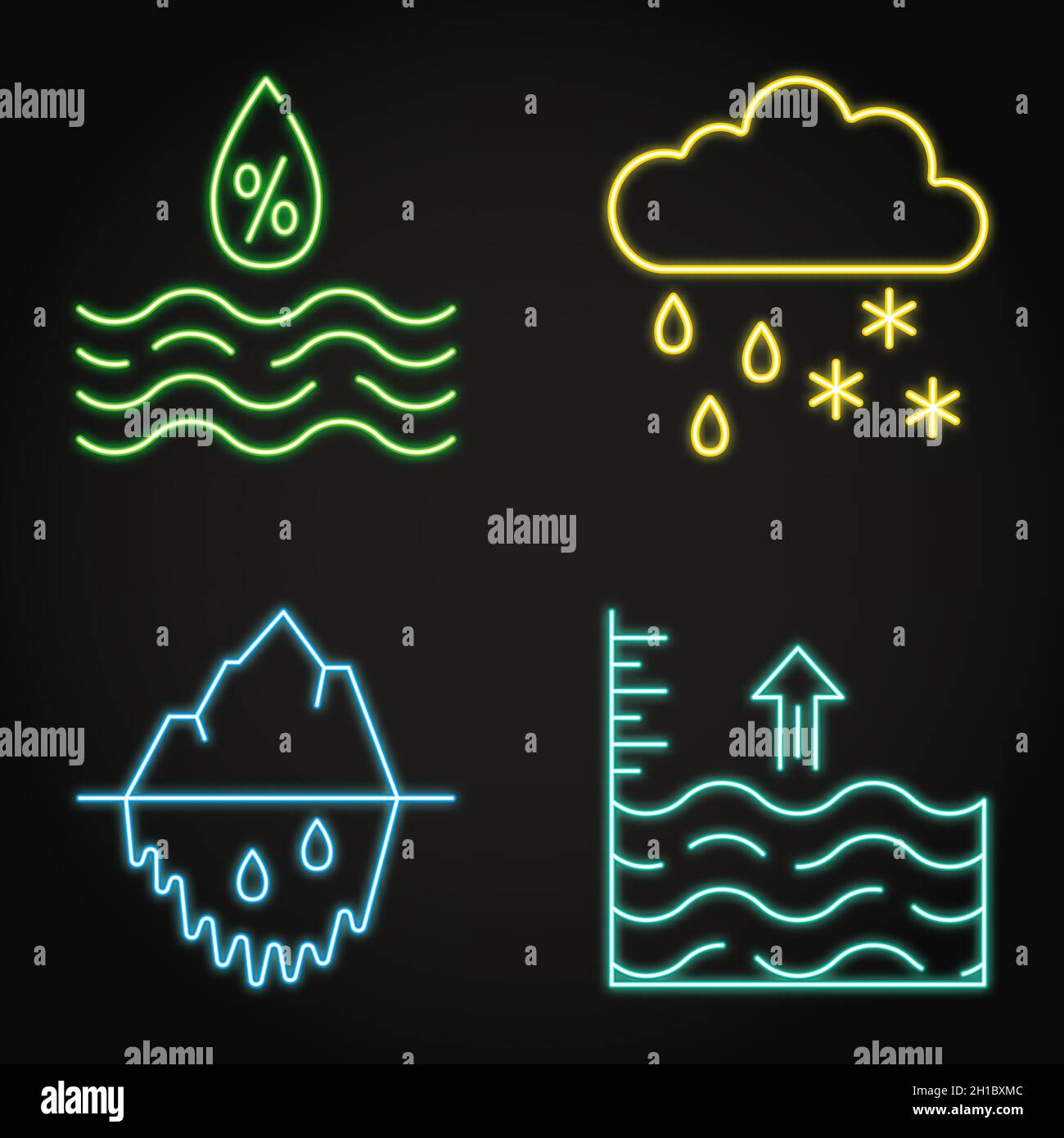 Neon ecology and climate change icon set. Melting iceberg, relative ...
