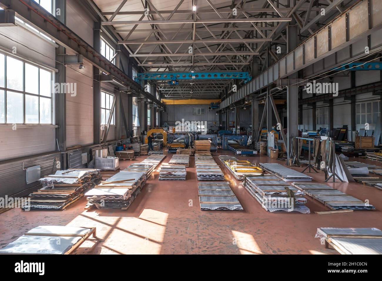 Industrial factory workshop or warehouse interior inside for metal roof ...