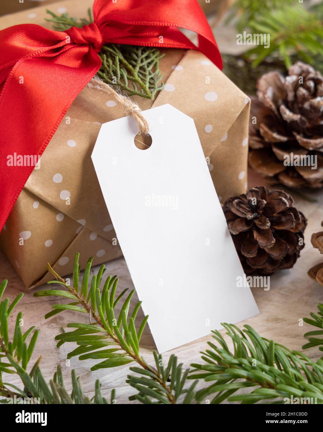 Christmas wrapped present with paper gift tag with fir tree branches ...