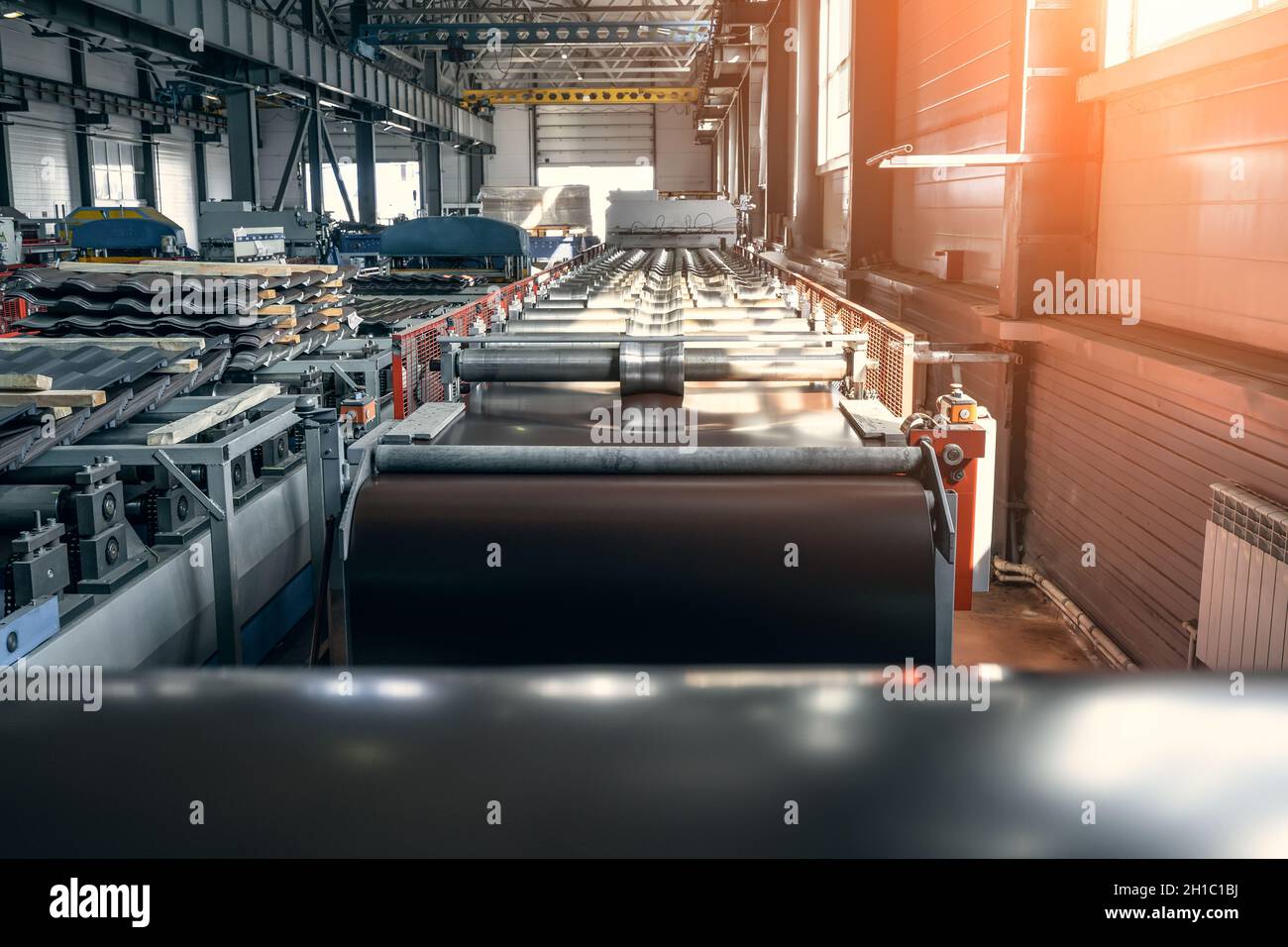 Industrial factory workshop or warehouse interior inside for metal roof ...