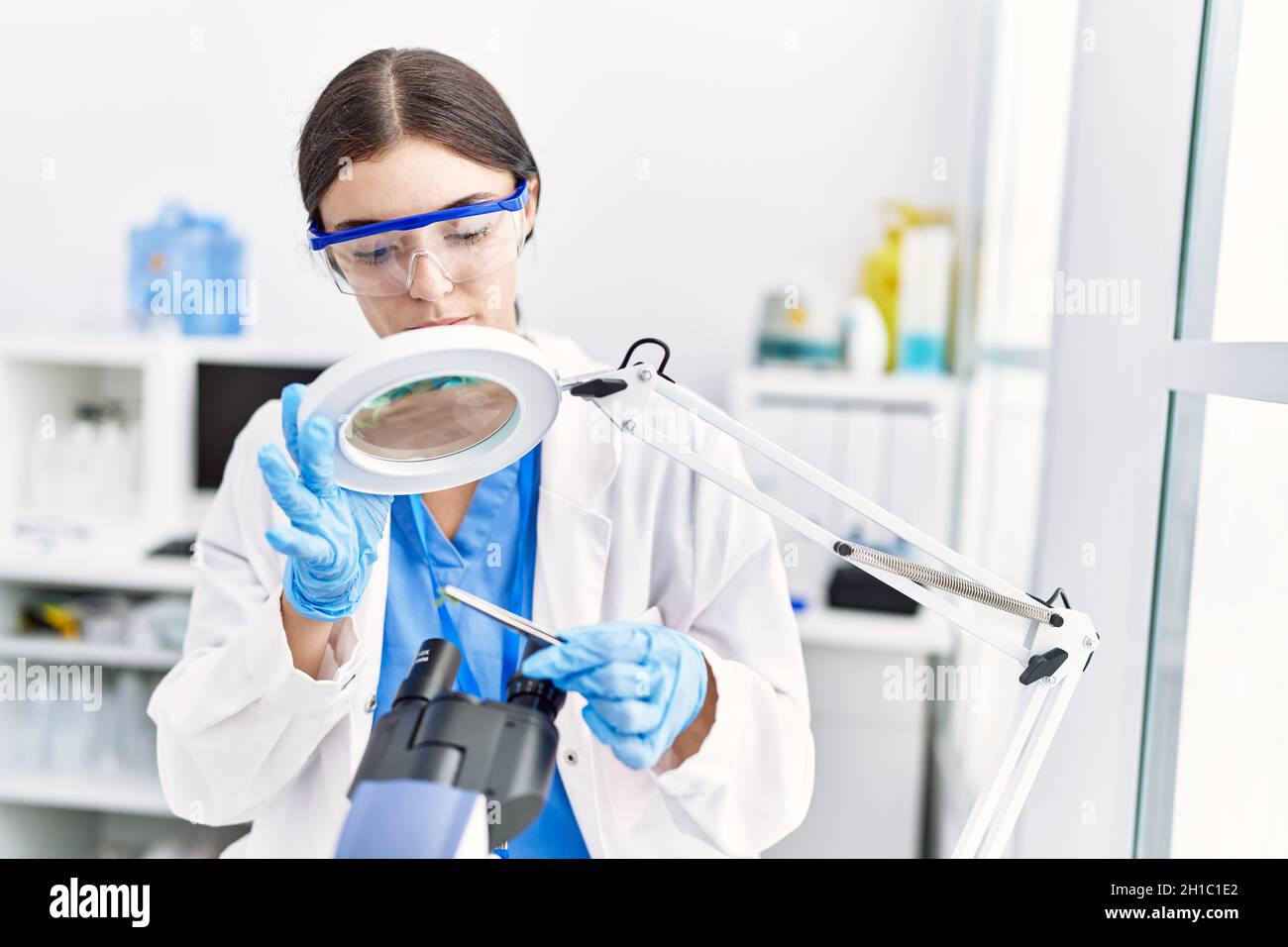 Young hispanic woman wearing scientist uniform analysing insect at ...