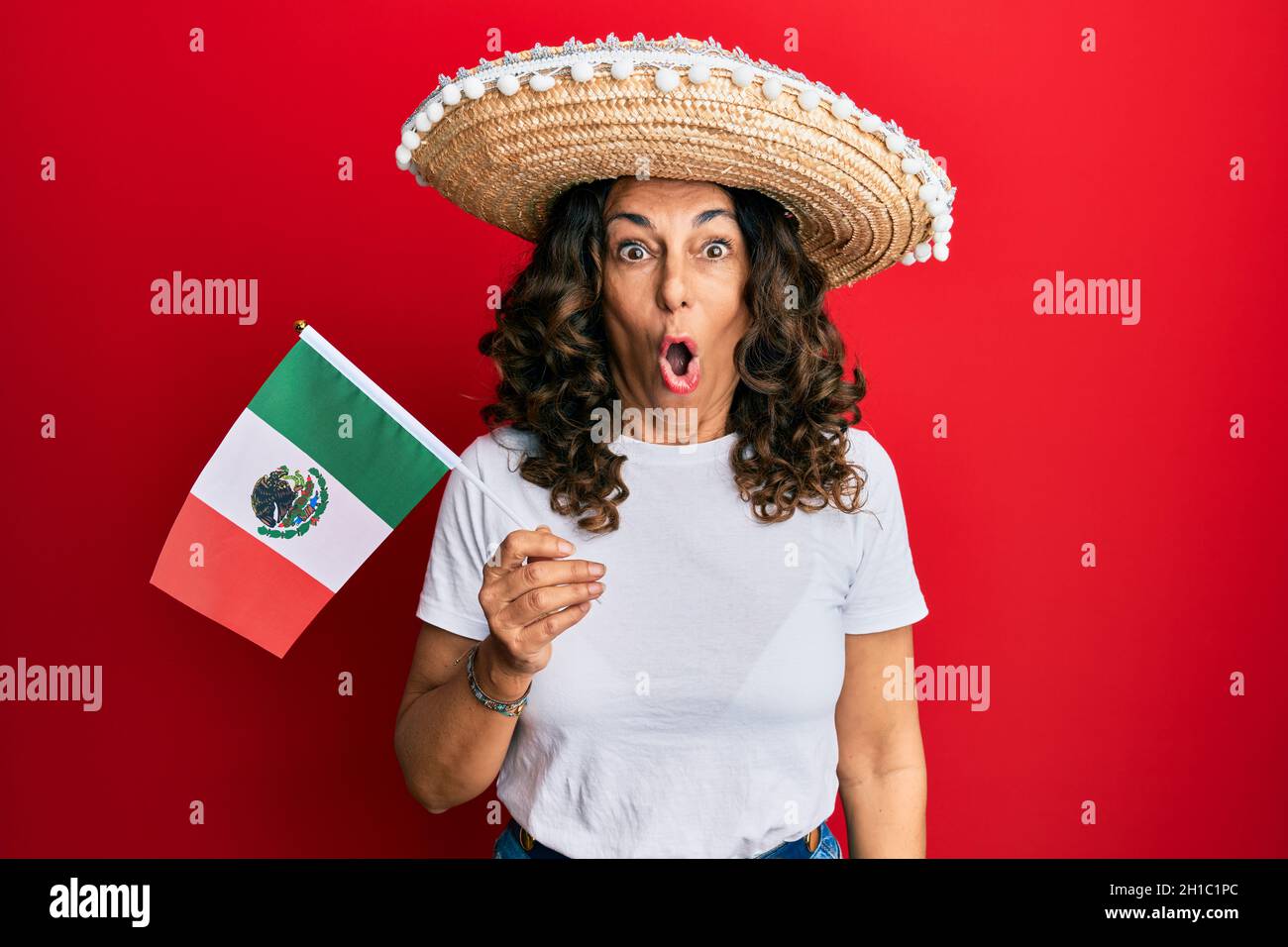 Middle age hispanic woman wearing mexican hat holding mexico flag ...