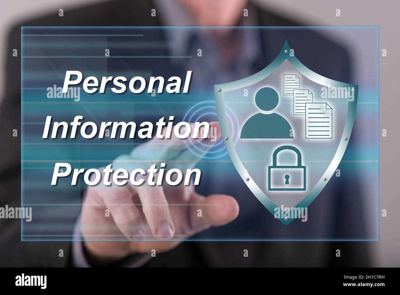 Man touching a personal information protection concept on a touch ...
