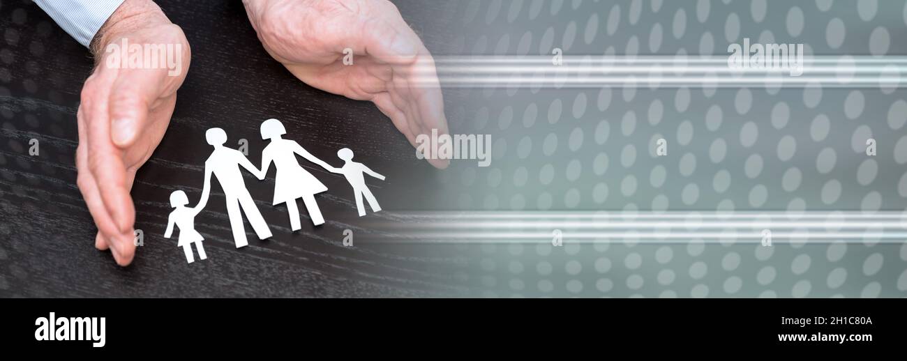 Symbol of family protection by hands of general agent; panoramic banner ...