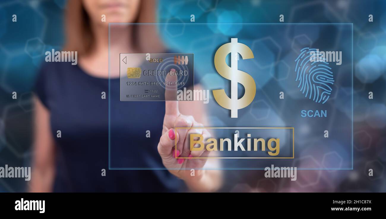 Woman touching a banking security concept on a touch screen with her ...